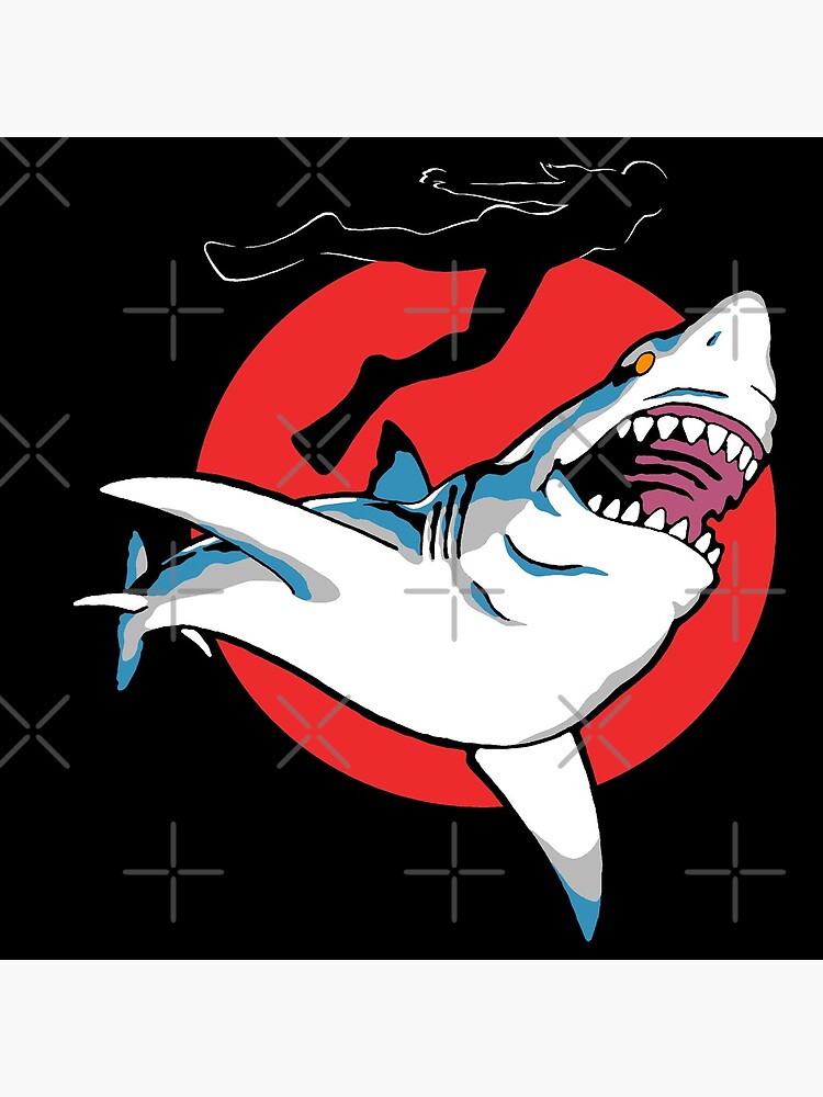 "Swimming with the sharks design - scuba diver and shark drawing" Art ...