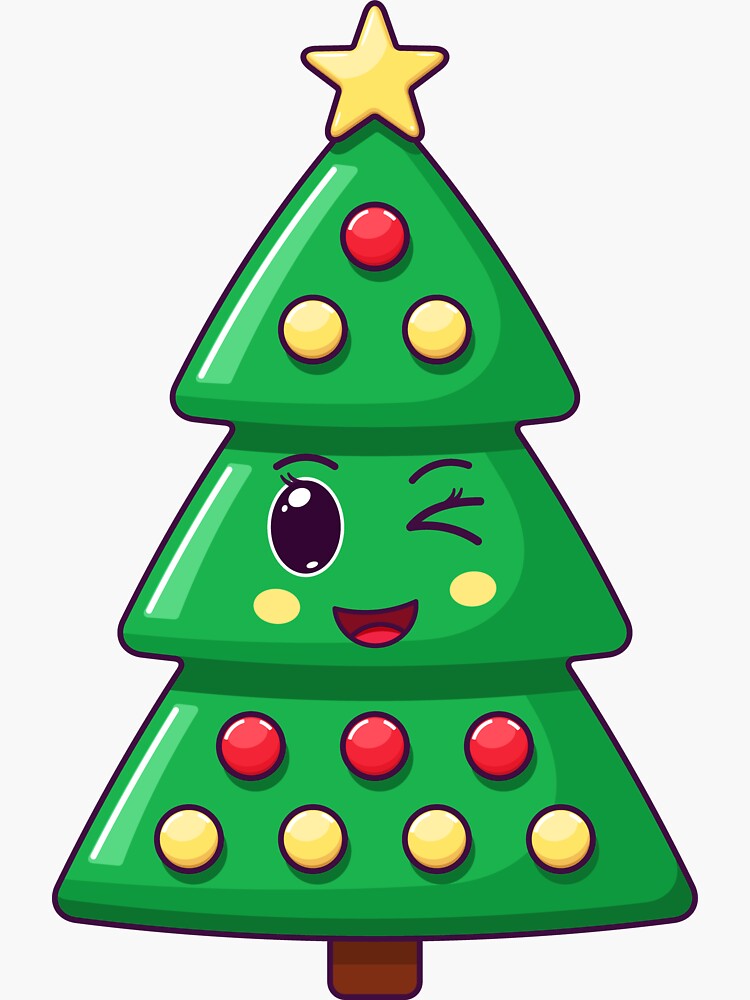 "Cartoon Kawaii Christmas Tree with Winking Face" Sticker for Sale by ...