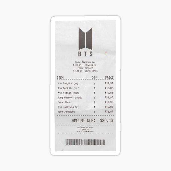 "BTS Receipt" Sticker for Sale by CJdigitaldesign | Redbubble