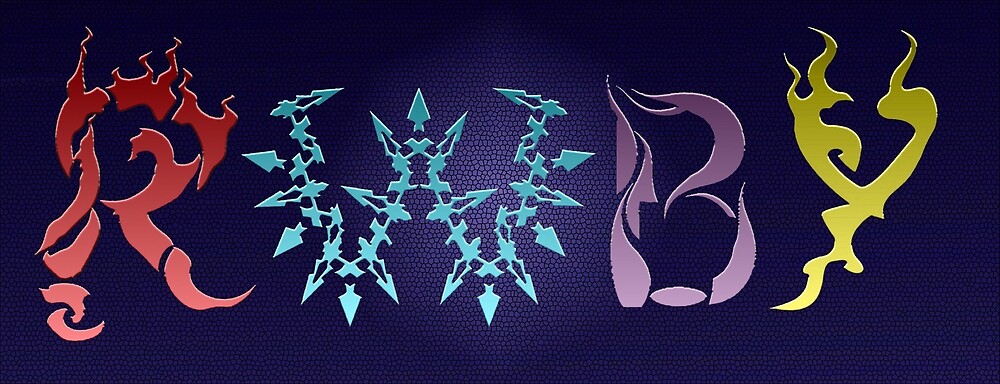 "RWBY Logo in Symbols (Textured Background)" by HometownSciFi | Redbubble