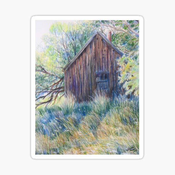 "old shack in the mountains, colored pencil drawing" Sticker by ...