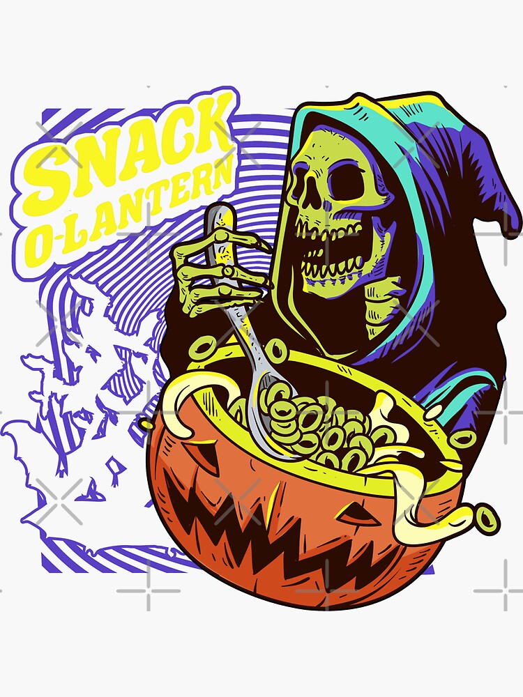 "Snack O-Lantern Halloween Death Skeleton Eating Cereal " Sticker by ...