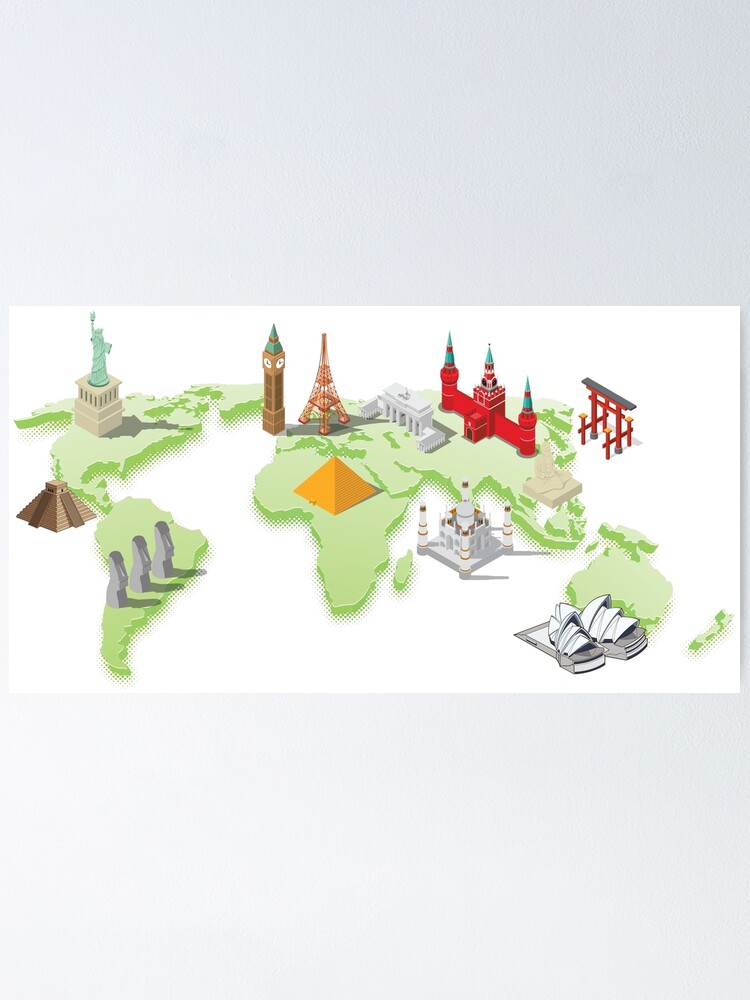 "3D World Famous Landmarks Map Touristic attractions" Poster for Sale ...