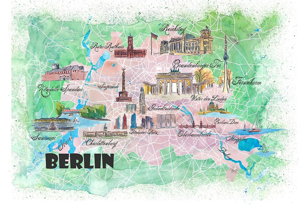 "Berlin Germany Illustrated Map with Main Roads Landmarks and ...