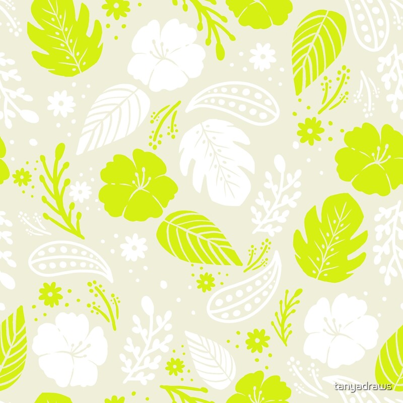"Foliage & Hibiscus Pattern - Green" by tanyadraws | Redbubble
