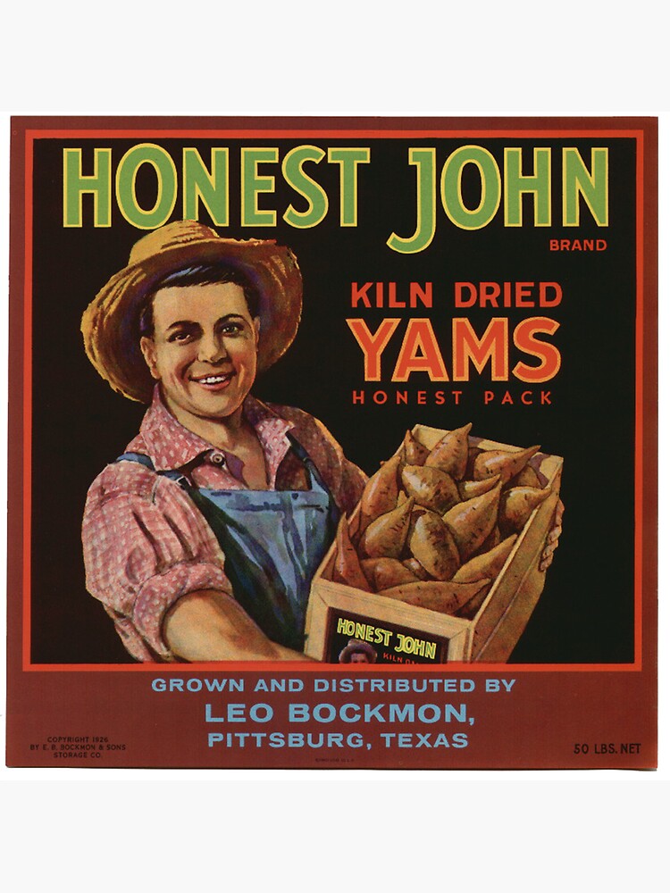 "Vintage Food Crate Label Honest John Kiln Dried Yams Texas Farmer ...