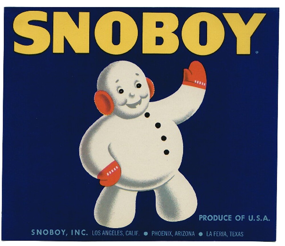 "Vintage Food Crate Label Snoboy Snowman Los Angeles California Texas ...