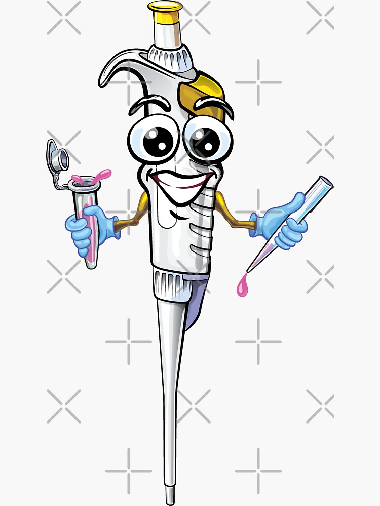 Pegatina «Personaje de dibujos animados de pipeta feliz con tubo de PCR ...