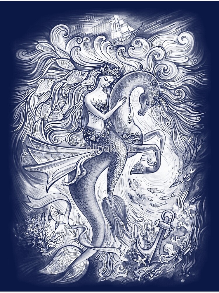 "Mermaid riding an hippocampus." Art Print by elinakious | Redbubble