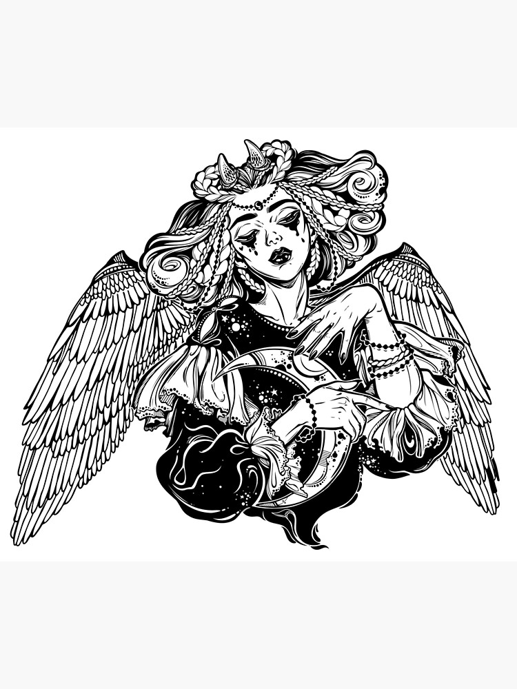 "Beautiful pagan magic winged and horned goddess Lilith with crescent ...