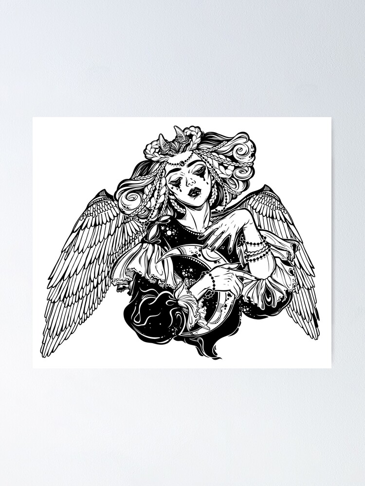 "Beautiful pagan magic winged and horned goddess Lilith with crescent ...