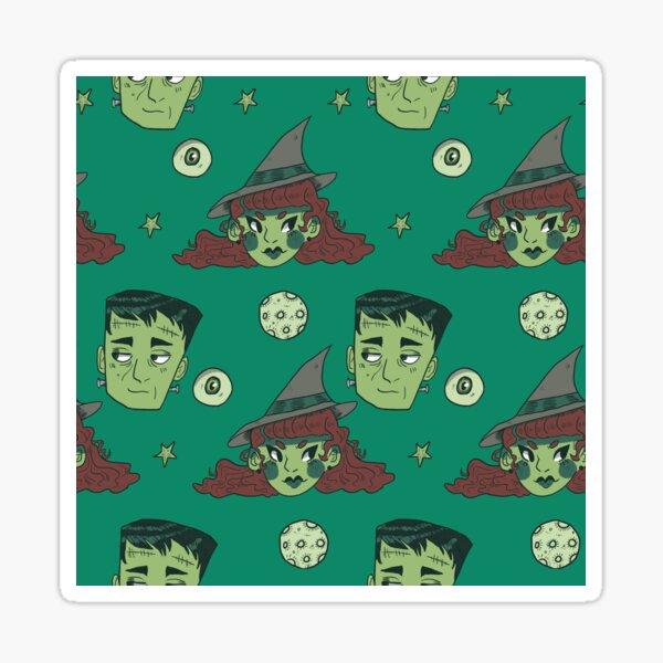 "Halloween Repeat Pattern (Frankenstein and a Witch)" Sticker for Sale ...