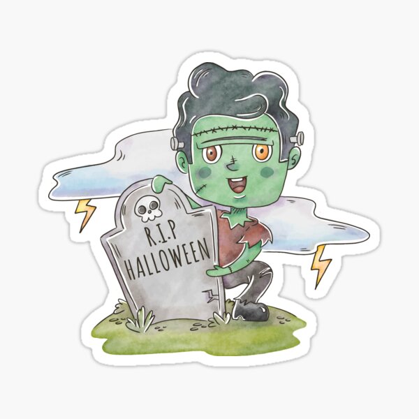 "Spooky RIP Cute Frank Zombie Art Cute Watercolor Halloween" Sticker ...