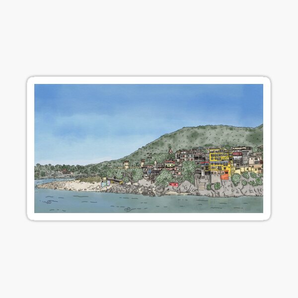 "Ganges river in Rishikesh - India. Colorful watercolor illustration ...