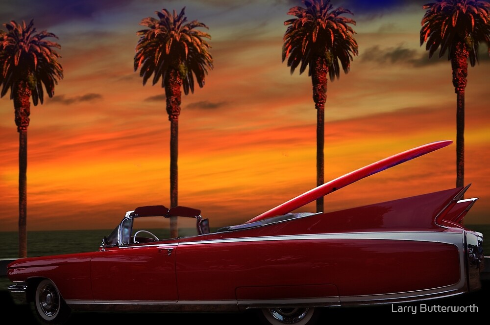 "RED CADILLAC CONVERTABLE AND PALM TREES" by Larry Butterworth | Redbubble