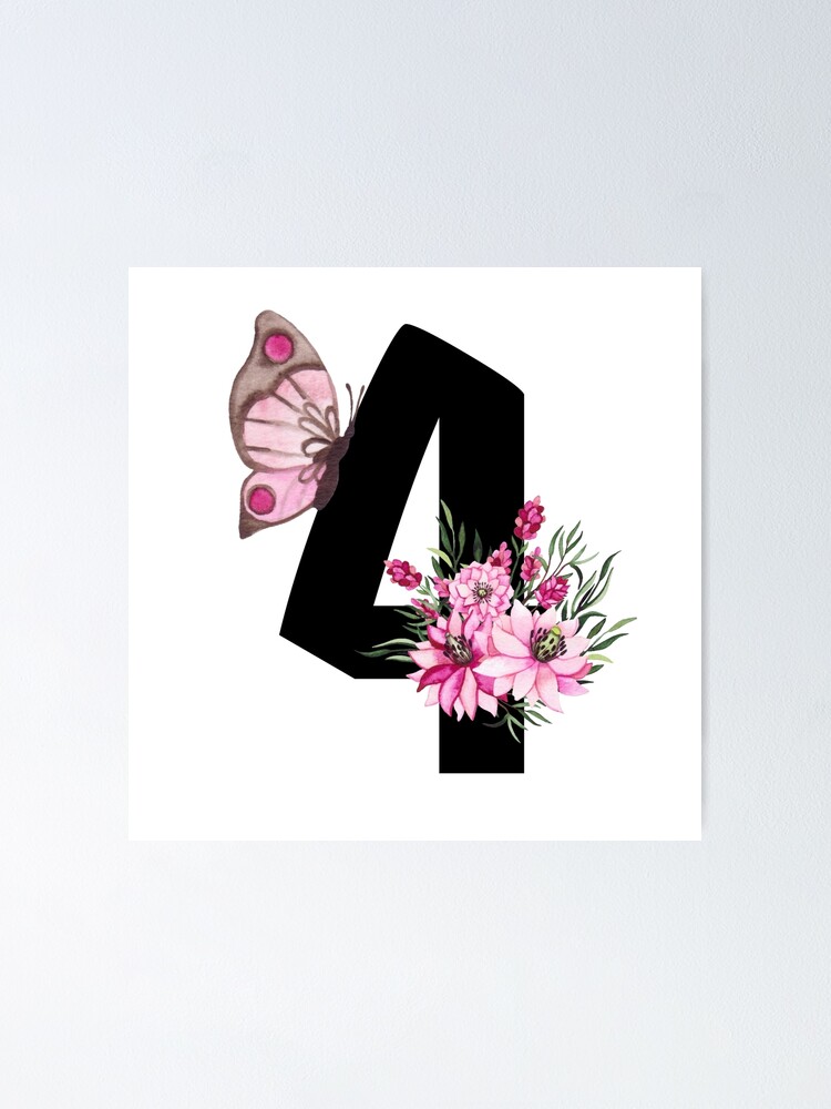 "number four 4 pink flower alphabet monogram butterfly" Poster by ...