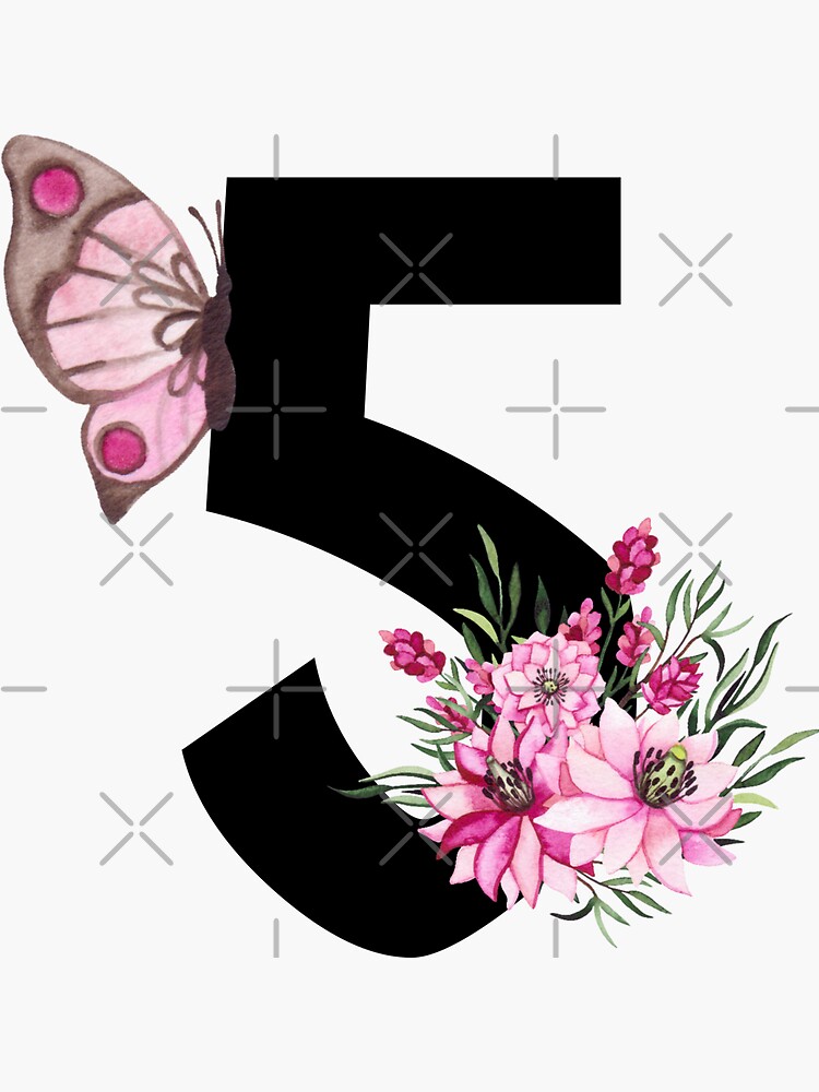 "number five 5 pink flower alphabet monogram butterfly" Sticker for ...