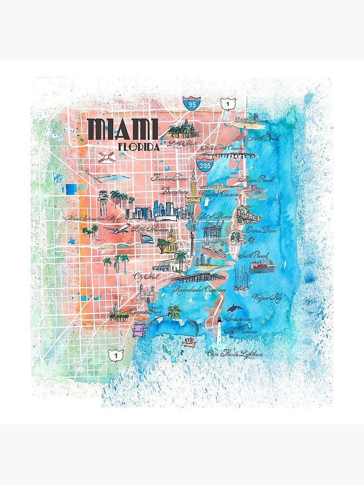 "Miami Florida Illustrated Map with Main Roads Landmarks and Highlights ...