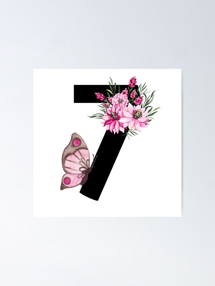 "number seven 7 pink flower alphabet monogram butterfly" Poster by ...