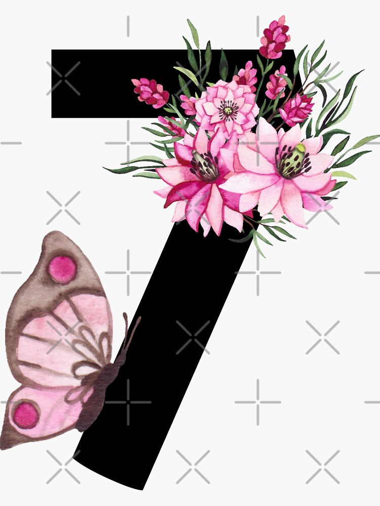 "number seven 7 pink flower alphabet monogram butterfly" Sticker by ...