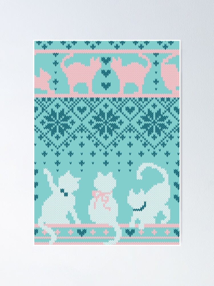 "Fair Isle Knitting Cats Love // teal background dark teal white and ...