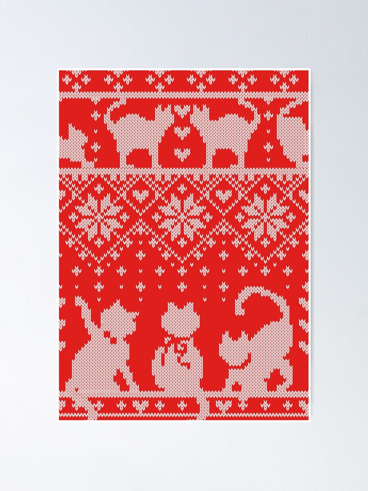 "Festive Fair Isle Knitting Cats Love // red background white kitties ...