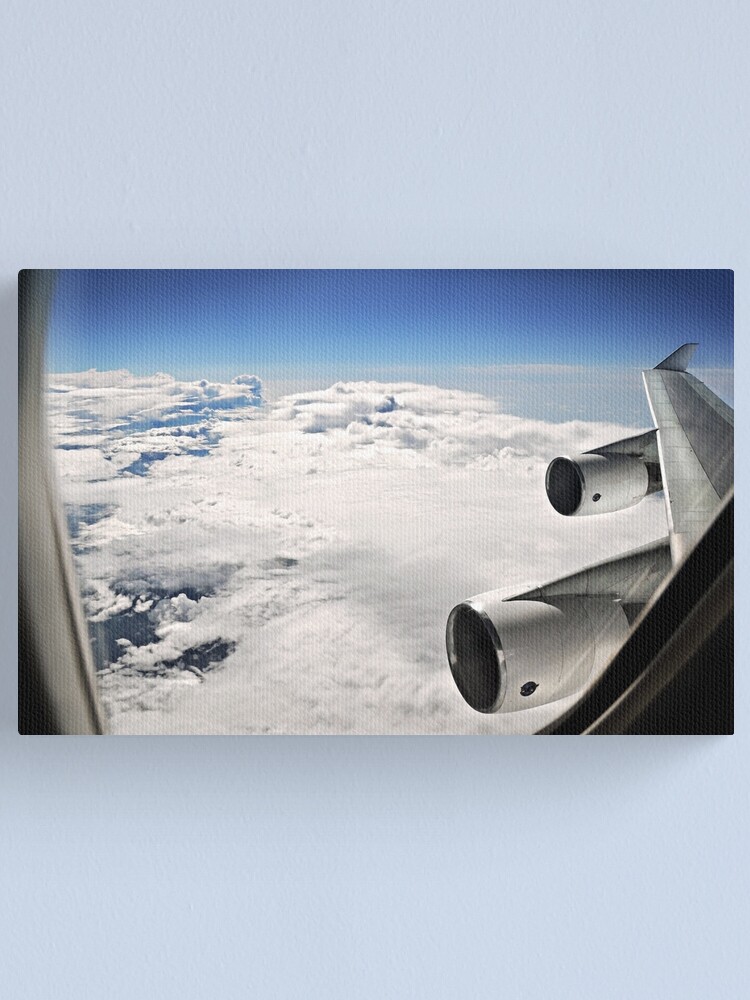 "Airplane window view of the wing and 2 jet engines of the Boeing 747 ...