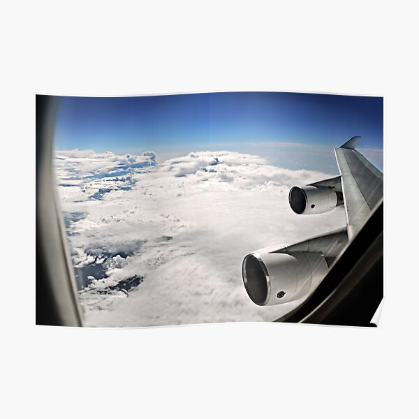 "Airplane window view of the wing and 2 jet engines of the Boeing 747 ...