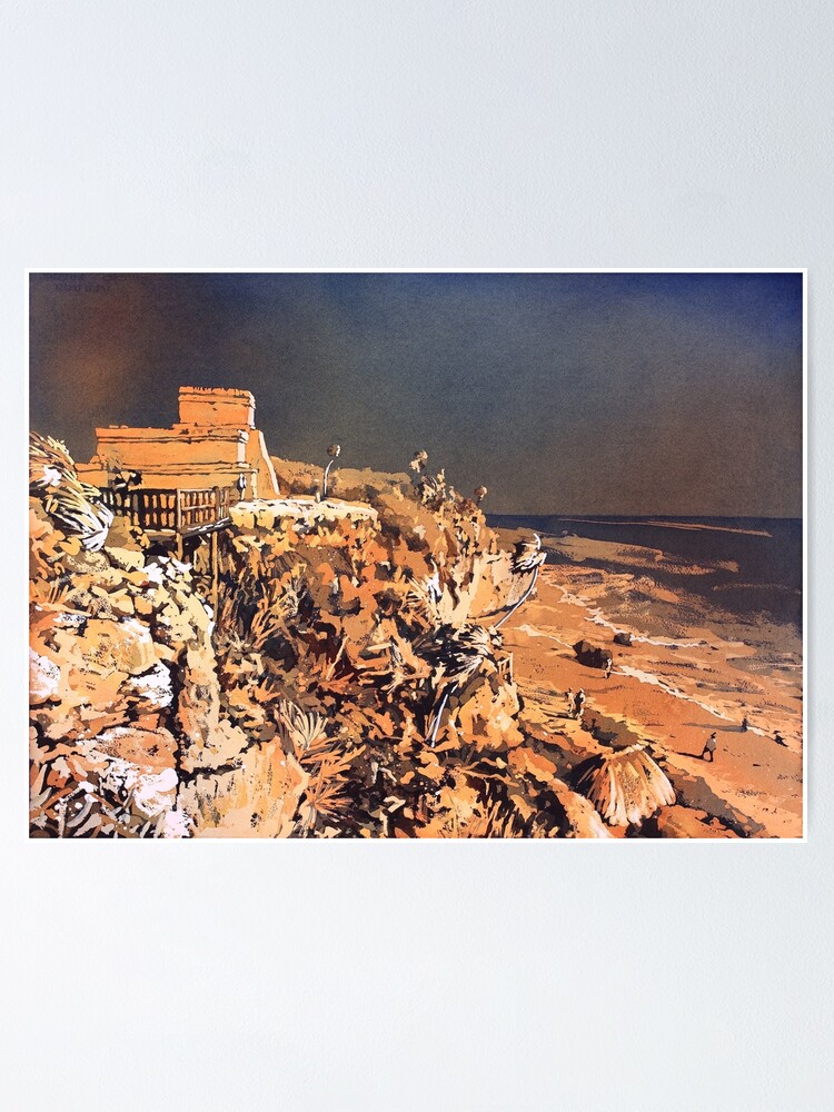 "Mayan ruins at beach of Tulum in Mexico. Watercolor painting of Mayan ...