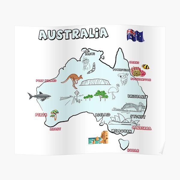 "map of Australia with major cities, flag, and landmarks" Poster by ...