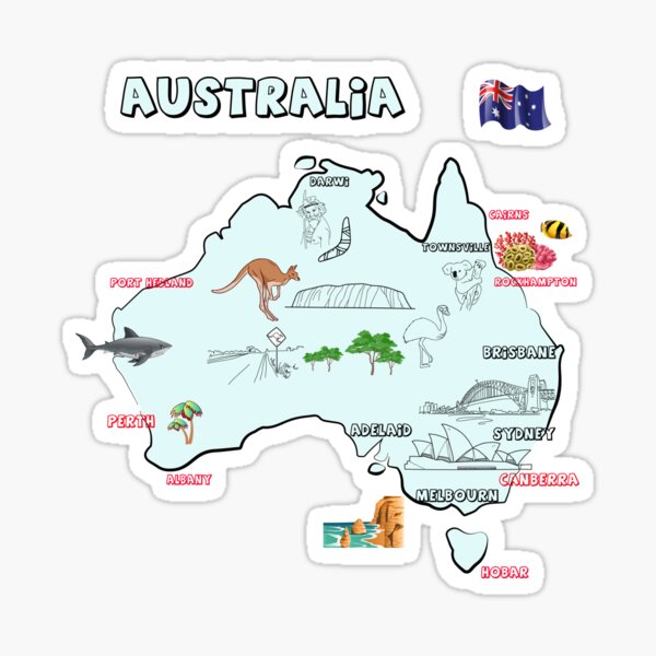 "map of Australia with major cities, flag, and landmarks" Sticker for ...