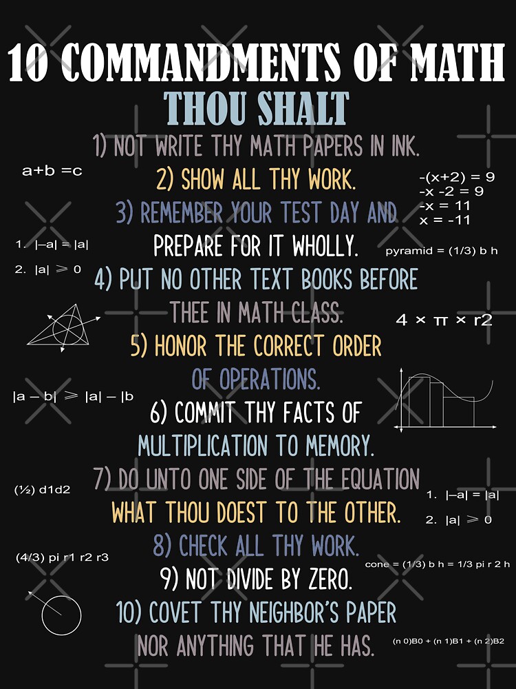 "Funny Math Student Teacher Gift 10 Commandments Of Math" T-shirt for ...