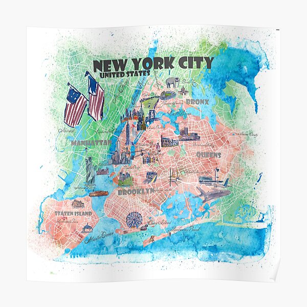 "USA New York State Travel Poster Map With Highlights And Favorites ...