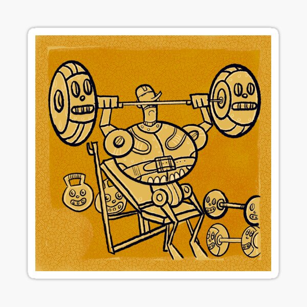 "robot pumping iron " Sticker for Sale by Gammaraybots | Redbubble