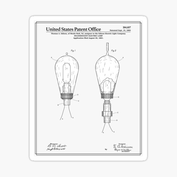 "Thomas Edison Light Bulb Patent" Sticker by FinlayMcNevin | Redbubble