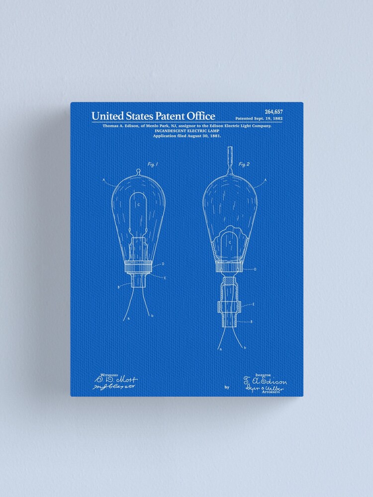"Thomas Edison Light Bulb Patent - Blueprint" Canvas Print by ...