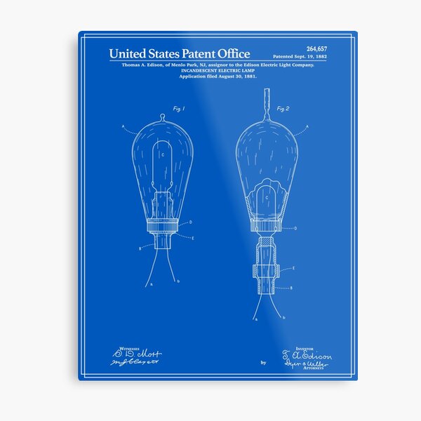 "Thomas Edison Light Bulb Patent - Blueprint" Metal Print for Sale by ...