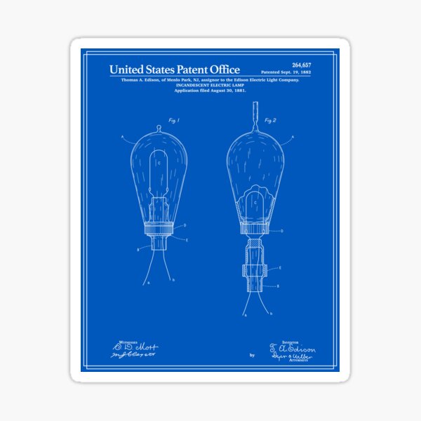 "Thomas Edison Light Bulb Patent - Blueprint" Sticker for Sale by ...