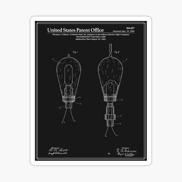 "Thomas Edison Light Bulb Patent - Black" Sticker for Sale by ...
