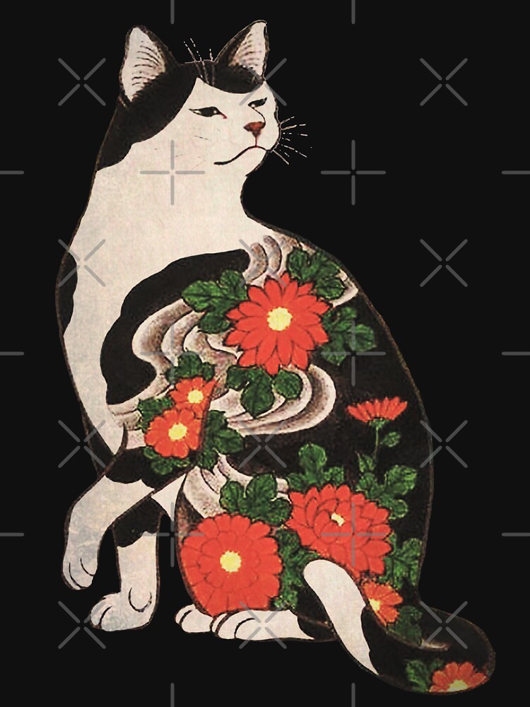 "Antique Japanese Woodblock Print Cat with Flower Tattoos" T-shirt for ...