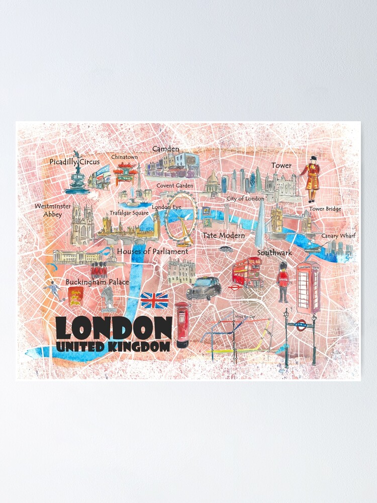 "London UK Illustrated Map with Main Roads, Landmarks & Highlights ...