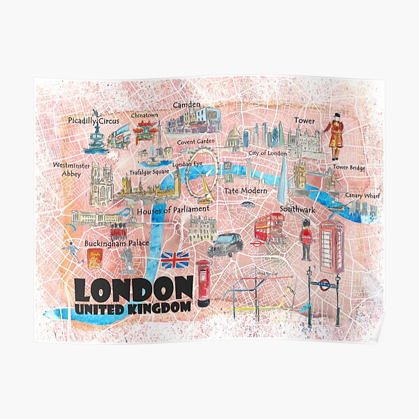 "London UK Illustrated Map with Main Roads, Landmarks & Highlights ...