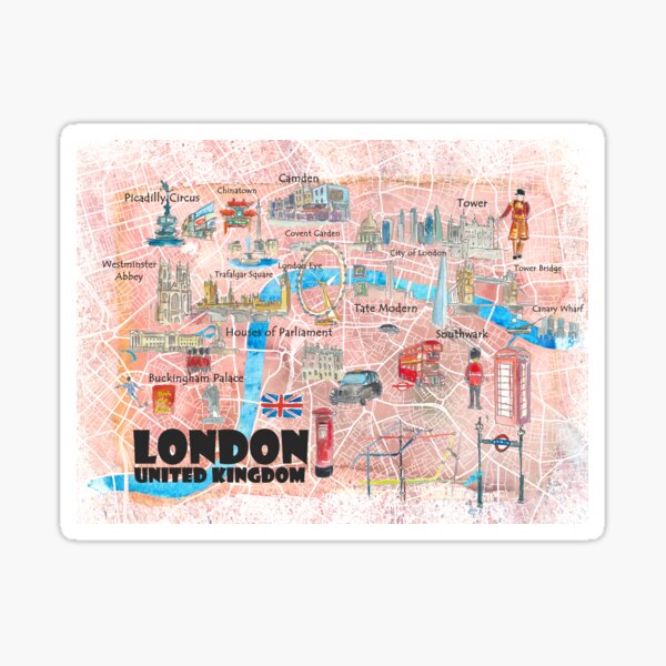"London UK Illustrated Map with Main Roads, Landmarks & Highlights ...