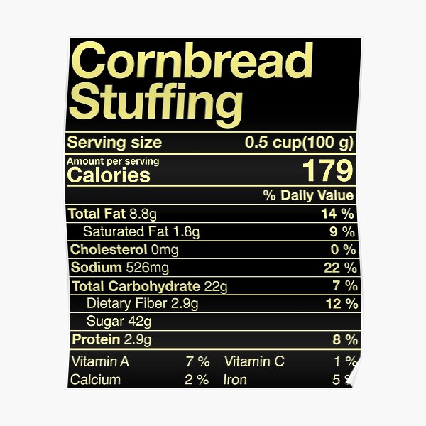 "Cornbread Stuffing Nutritional Facts Costume Thanksgiving " Poster by ...