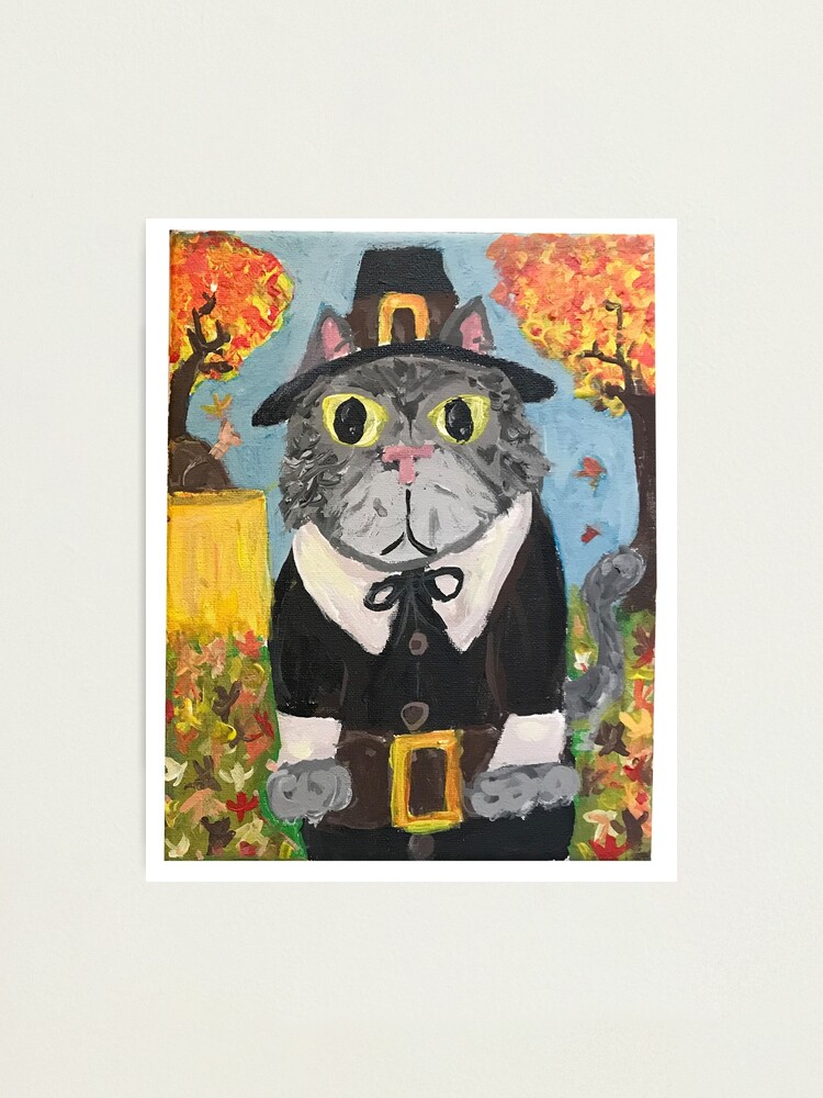 "Pilgrim Cat Folk Art Thanksgiving Cat Boy Painting" Photographic Print ...