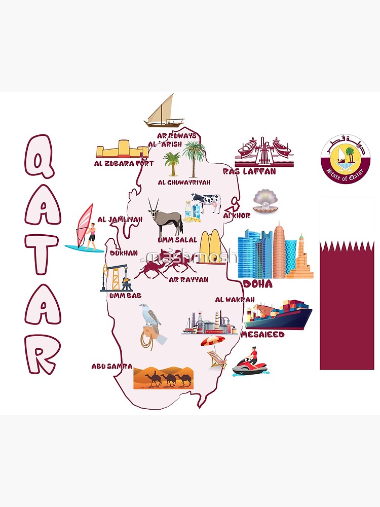 "Qatar Map tourist attractions cities flag and State of Qatar Logo ...
