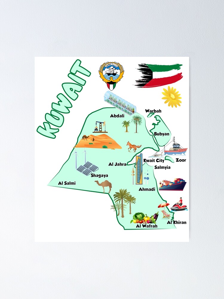 "Kuwait Map tourist attractions cities flag flower" Poster for Sale by ...