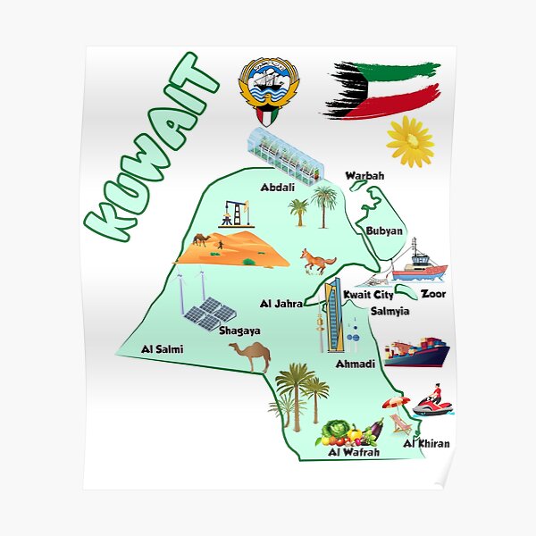 "Kuwait Map tourist attractions cities flag flower" Poster by mashmosh ...
