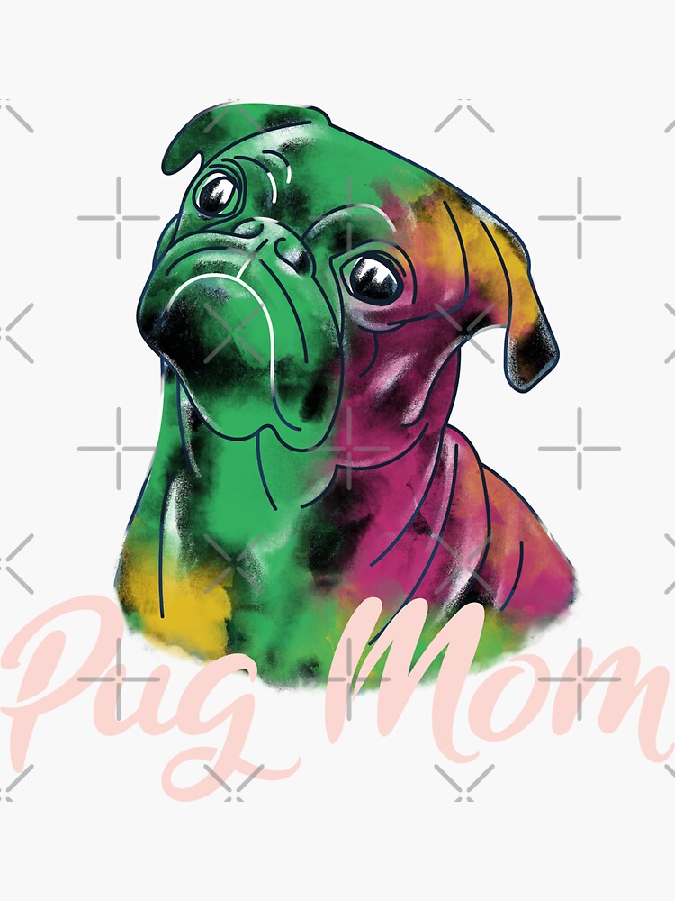 "Cute Black Pug Graffiti Illustration Pug Mom Lettering" Sticker for ...