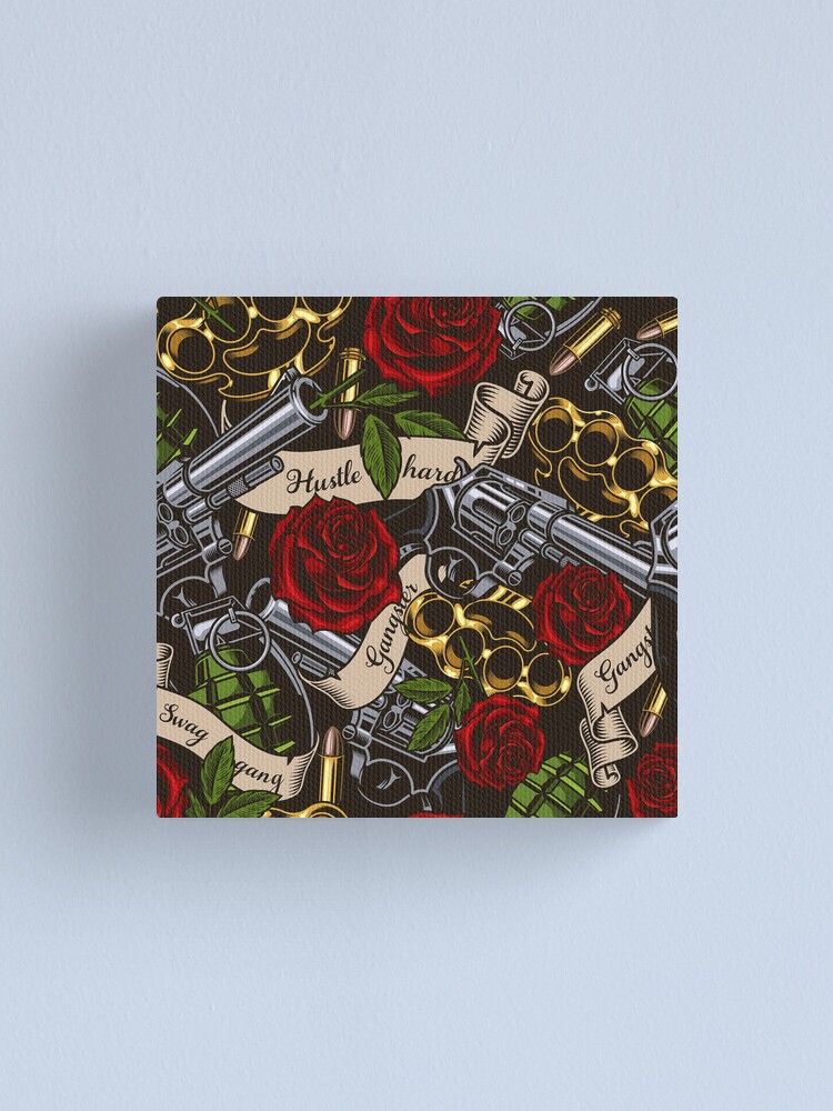 "Retro Skull Hustle Hard Gangster Swag Gang Guns Roses Grenades Brass ...